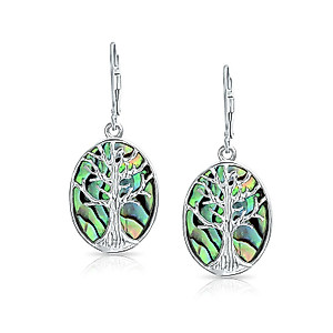 Large Oval Abalone Shell Lever Back Family Tree Of Life Dangle Earrings Western Jewelry For Women .925 Sterling Silver
