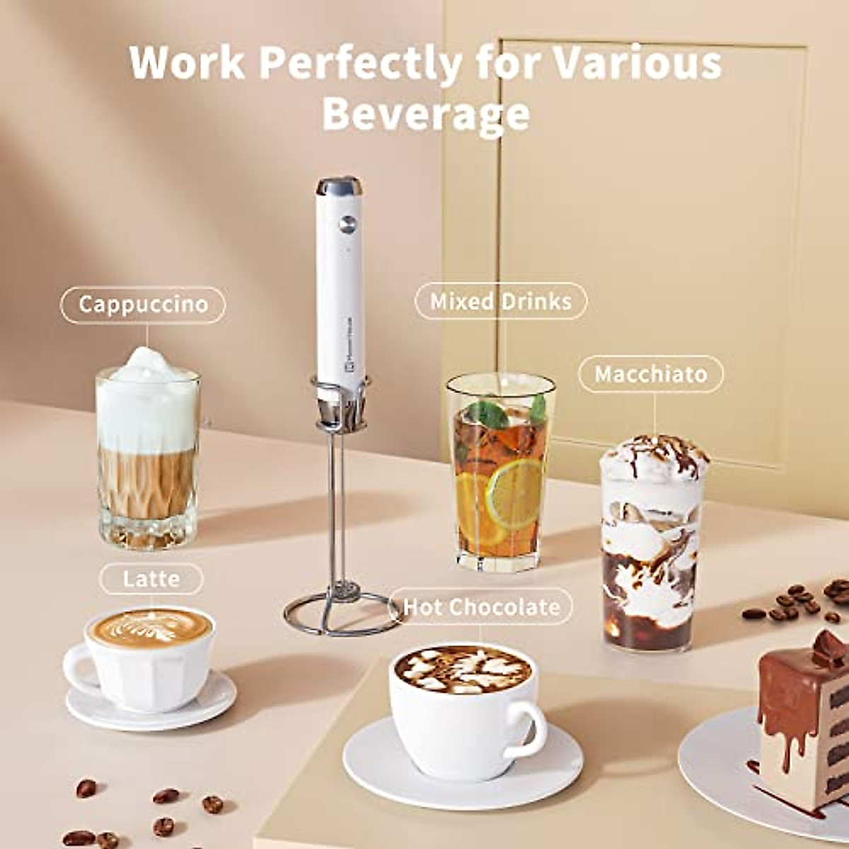 Maestri House Rechargeable Milk Frother, Handheld Electric Foam Maker Waterproof Detachable Stainless Steel Whisk Drink Mixer Foamer with Stand, 2 Whisks for Lattes, Cappuccino (White)