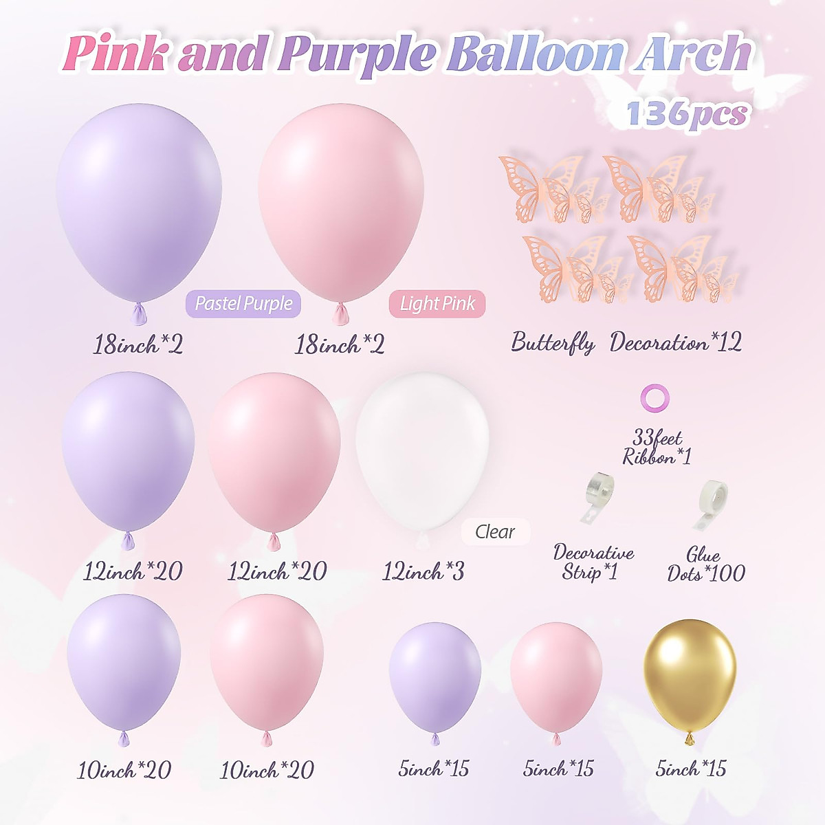 Pink and Purple Balloon Arch Kit, Butterfly Baby Shower Decorations with Pink and Purple Gold Latex Balloons for Purple Bridal Wedding Butterfly Birthday Decorations…