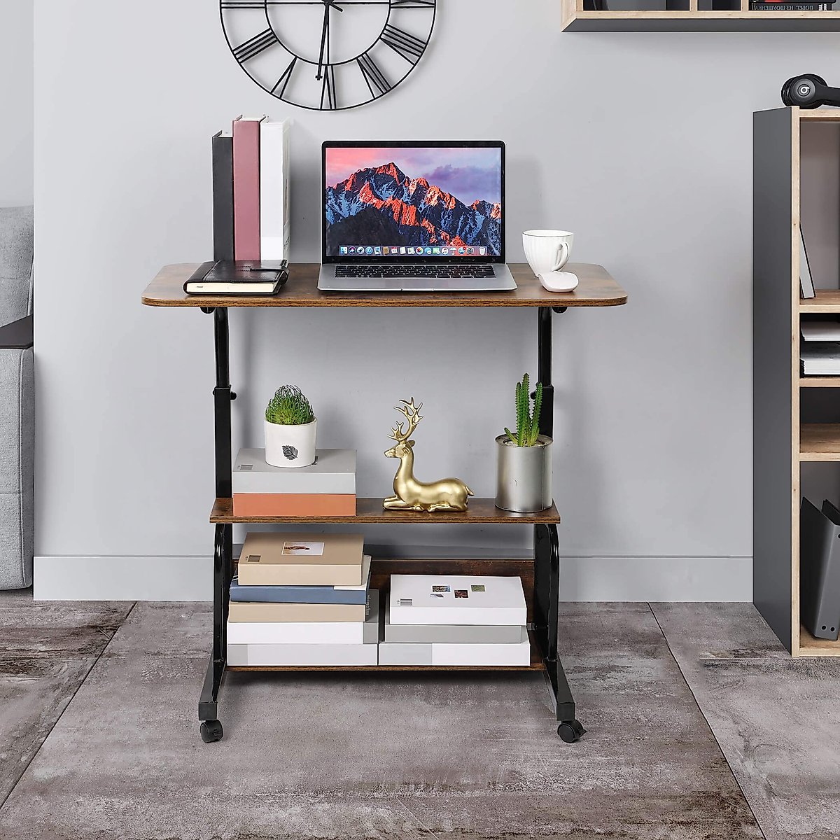 Dekhaoxe Adjustable Table Student Computer Desk Portable Home Office Furniture Small Spaces Sofa Bedroom Bedside Learn Play Game on Wheels Movable with Storage Size 31.5 * 15.7 in Oak D