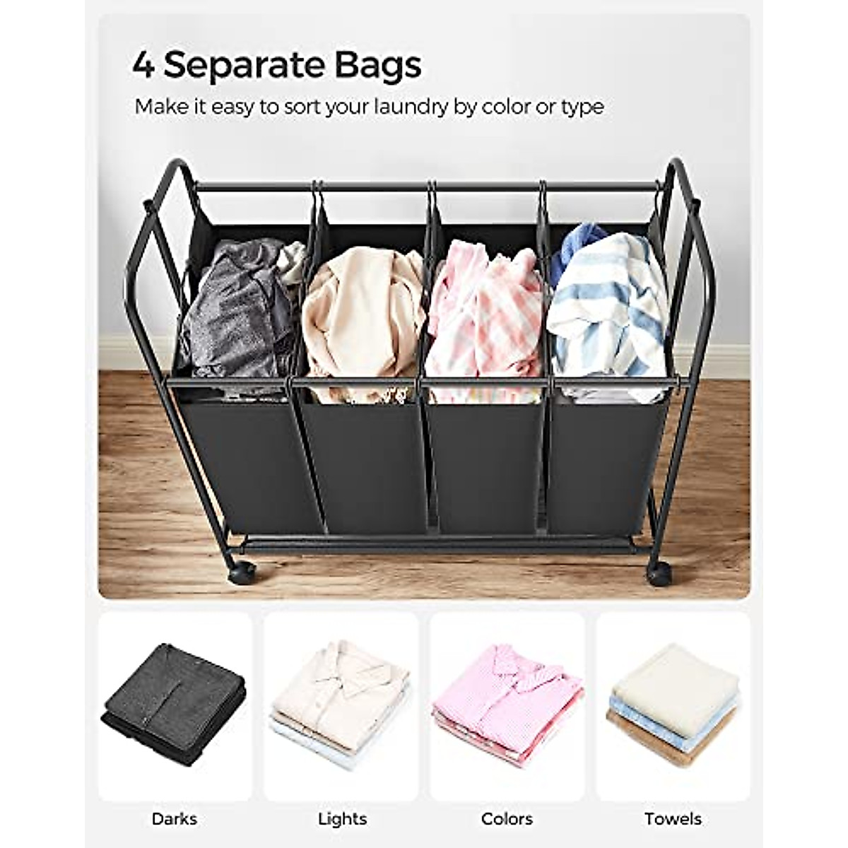 SONGMICS 4-Section Laundry Sorter, Rolling Laundry Cart with Hanging Bar, Laundry Organizer, Hampers for Laundry, Heavy-Duty, Lockable Wheels, 4 x 13.2 Gal., Black URLS44B