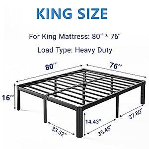 Nordicbed 16 Inch High Metal King Bed Frame No Box Spring Needed, Heavy Duty King Size Bed Frame Platform, Noise Free, Easy Assembly, Black