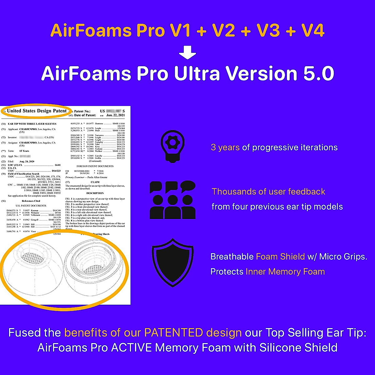 CharJenPro Patented AirFoams Pro Ultra V5.0 Memory Foam Ear Tips w/Foam Shield for AirPods Pro 1st & 2nd Gen, Newest Version 5.0, Secure, Comfortable, Super Noise Cancellation, Replacement Buds, SML