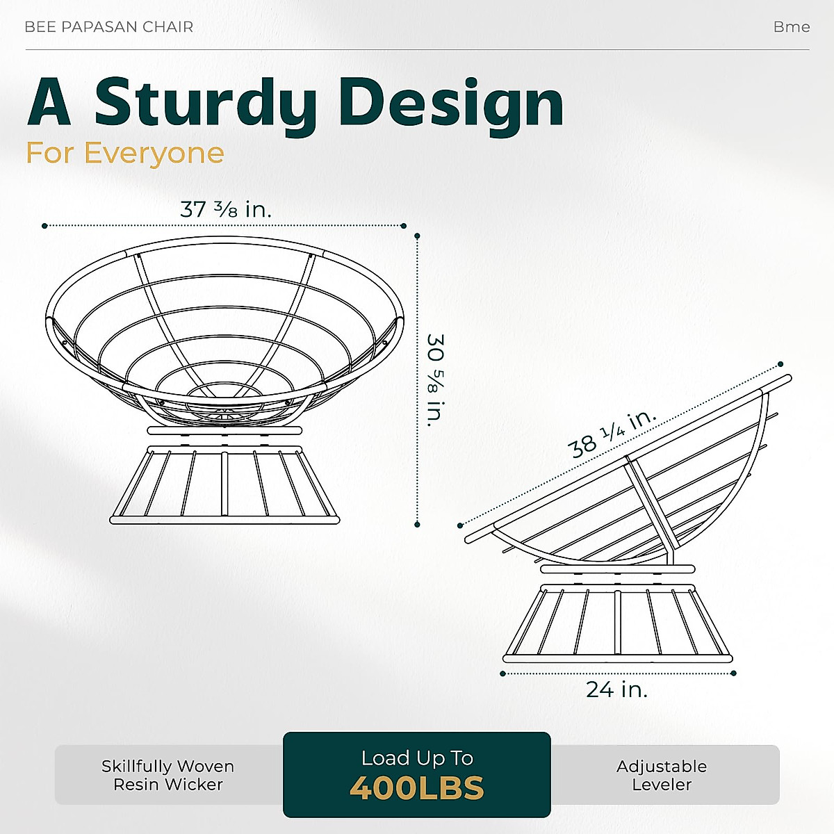 Bme 40" Ergonomic Wicker Papasan Chair with Soft Thick Density Fabric Cushion, Bee-Designed Base, High Capacity Steel Frame, 360 Degree Swivel for Living, Bedroom, Reading Room,...