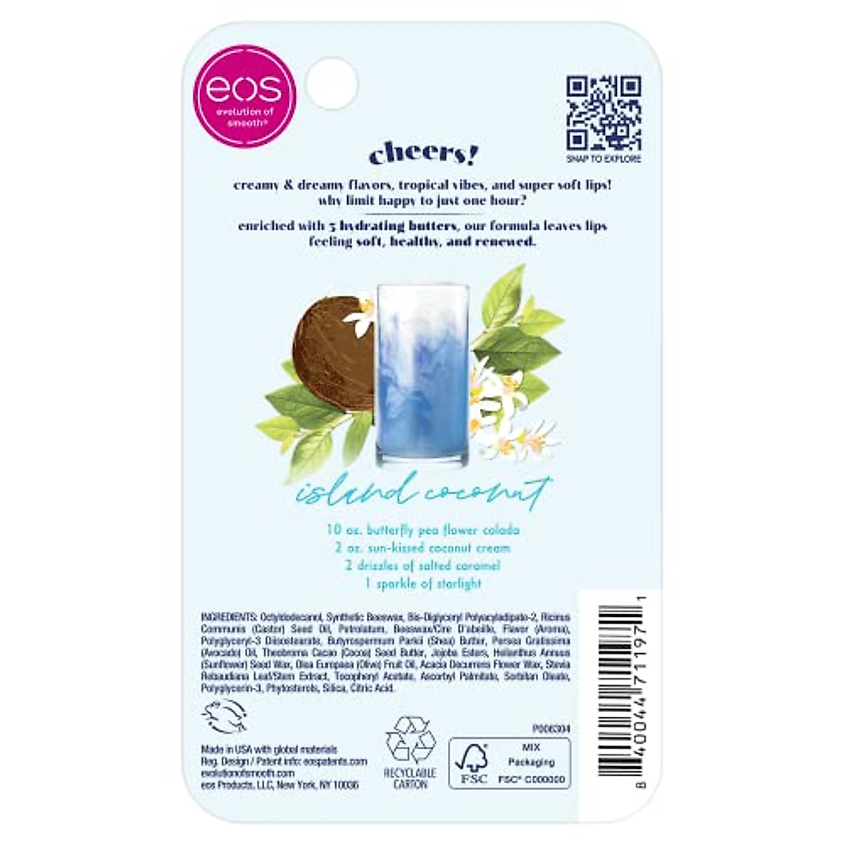 eos Sunset Sips Lip Butter Tube- Island Coconut, 24-Hour Moisture, Overnight Lip Mask, Lip Care Products, 0.35 fl oz