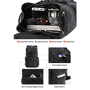 Small Canvas Vintage Backpack for Men Women,Travel Laptop Backpack with USB Charging Port,School College Backpack Book Bag Casual Rucksack Fits 15.6 Inch Laptop,Black