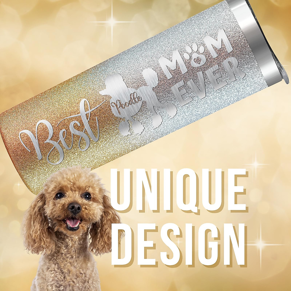 Onebttl Dog Mom Gifts, Dog Lover Gifts for Women, Best Dog Mom Ever, 20 oz Glitter Silver-Gold Insulated Tumbler - Poodle Mom