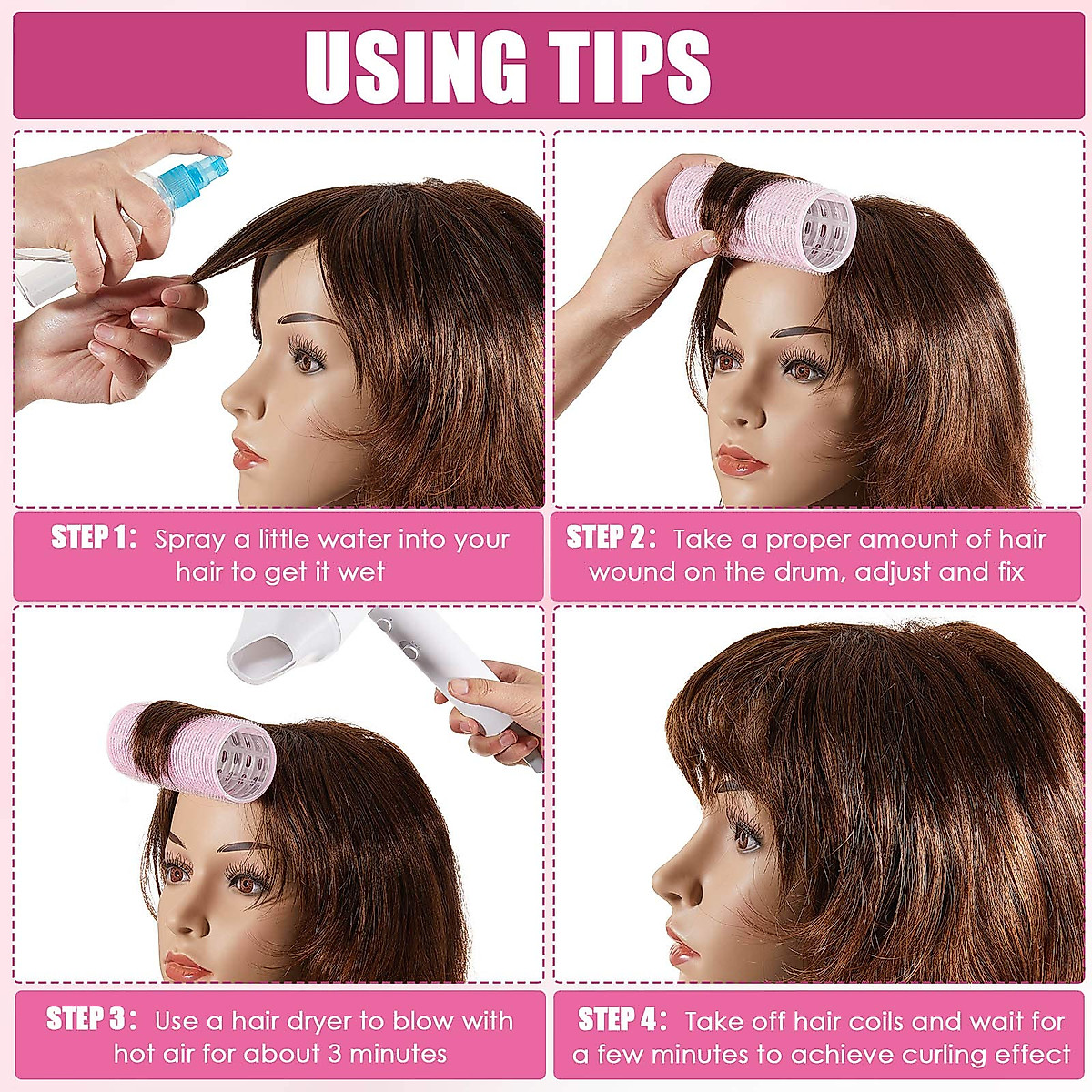 WILLBOND 4 Pcs Long Hair Rollers for Bangs Aluminum Core Curlers Thermal Self Grip Roller for Long and Medium Hair Women Hairstyle(4.7 x 2 Inch,Rose Red, Light Pink, Purple, Black)