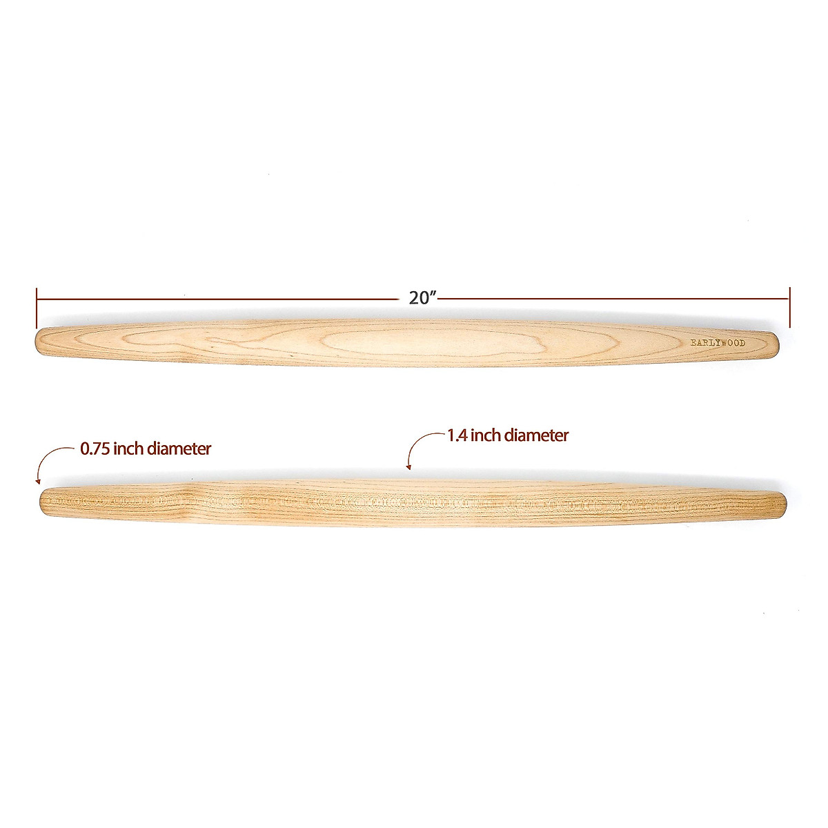 Earlywood French Rolling Pin - Tapered Wooden Rolling Pin for Baking Pizza, Pastry Dough or Pasta - Hard Wood French Roller Baking Pin Made in USA - Hard Maple