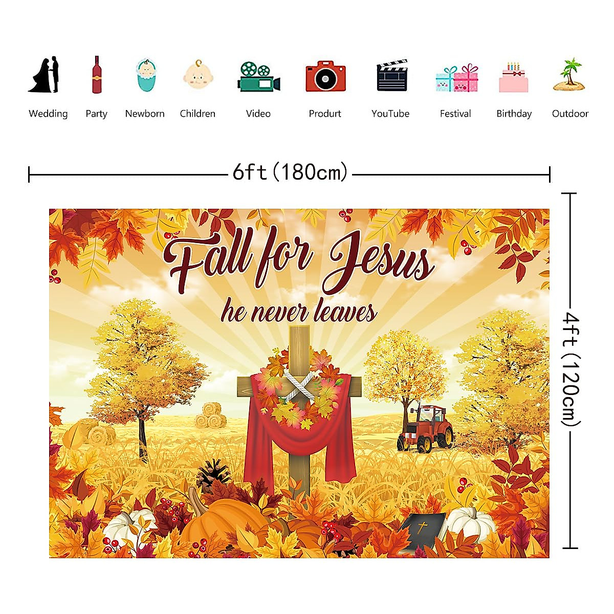 Fall for Jesus Backdrop Autumn Thanksgiving He Never Leaves Photography Background Maple Leaves Pumpkin Sunflower Friendsgiving Christian Religion Supplies Photo Banner (6x4ft(70x40inch))