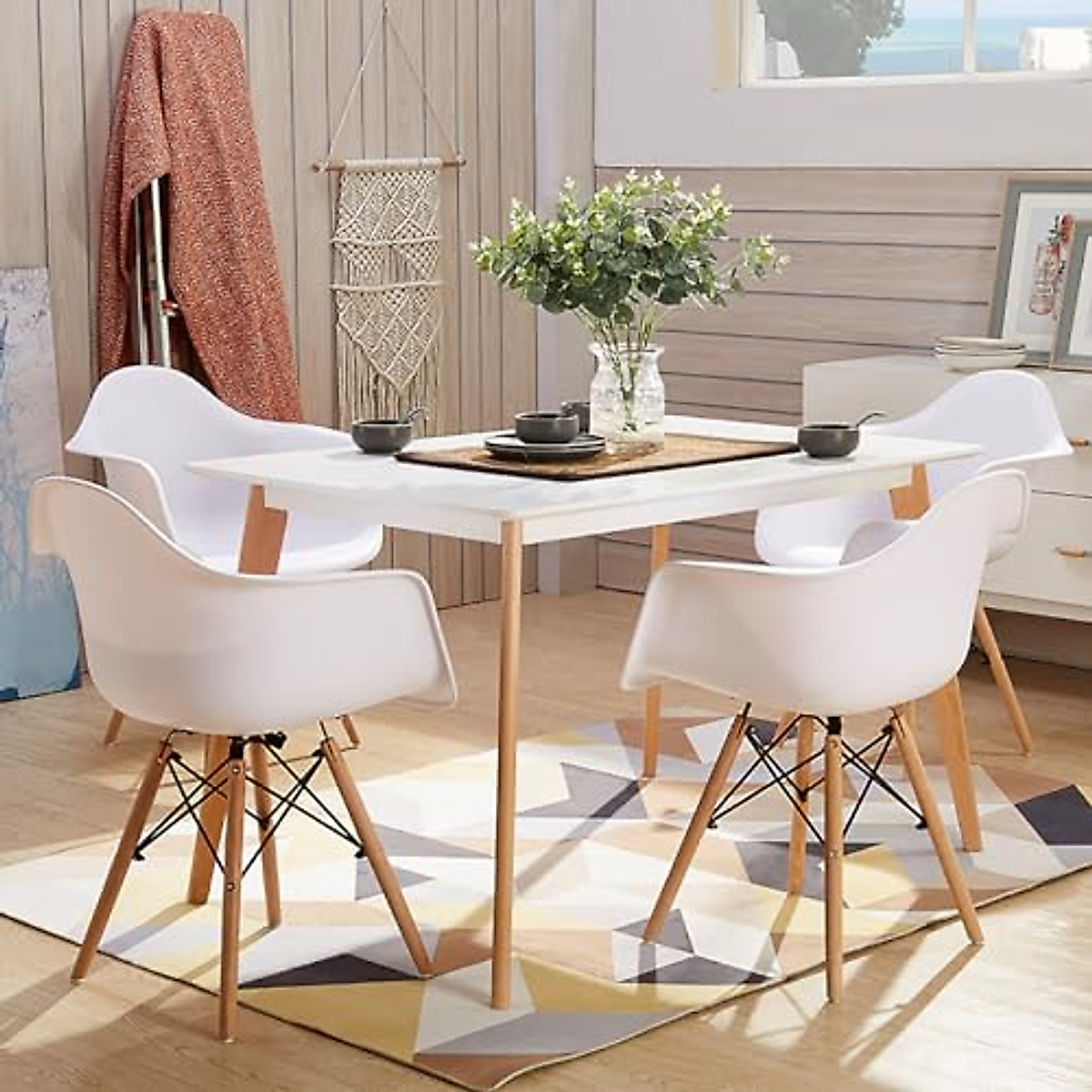 NAFORT Dining Table Chairs Set of 2, White Plastic Shell Chair with Wooden Legs, Backrest & Armrest, Mid Century Modern Style Dinning Chairs for Kitchen, Dining Room & Waiting Room, 2PCs