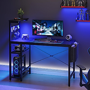 Bestier Gaming Desk with LED Lights, 44 Inch PC Gamer Desk for Small Spaces, Computer Desk with Reversible Storage Shelves & Side Storage Bag (Black Grained)