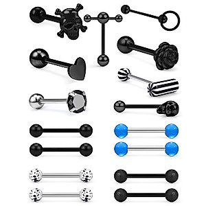 Prjndjw 14G Tongue Rings Surgical steel tongue piercing jewelry 5/8 inch 16mm Skull Heart Flower T Shape Koosh Spiky Silicone Soft Spike Ball Door Knocker Tongue Ring Body Piercing Jewelry Retainer