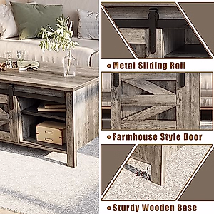 Furmax Coffee Table with Storage and Sliding Barn Doors, Farmhouse Living Room Table with Adjustable Shelves, Wood Rustic Center Table for Home Living Meeting Room (Light Rustic Oak)