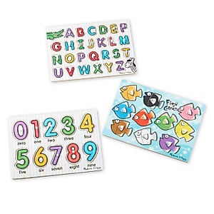 Melissa & Doug Classic Wooden Peg Puzzles (Set of 3) - Numbers, Alphabet, and Colors - Toddler Learning Toys, Alphabet And Numbers Puzzles For Kids Ages 3+