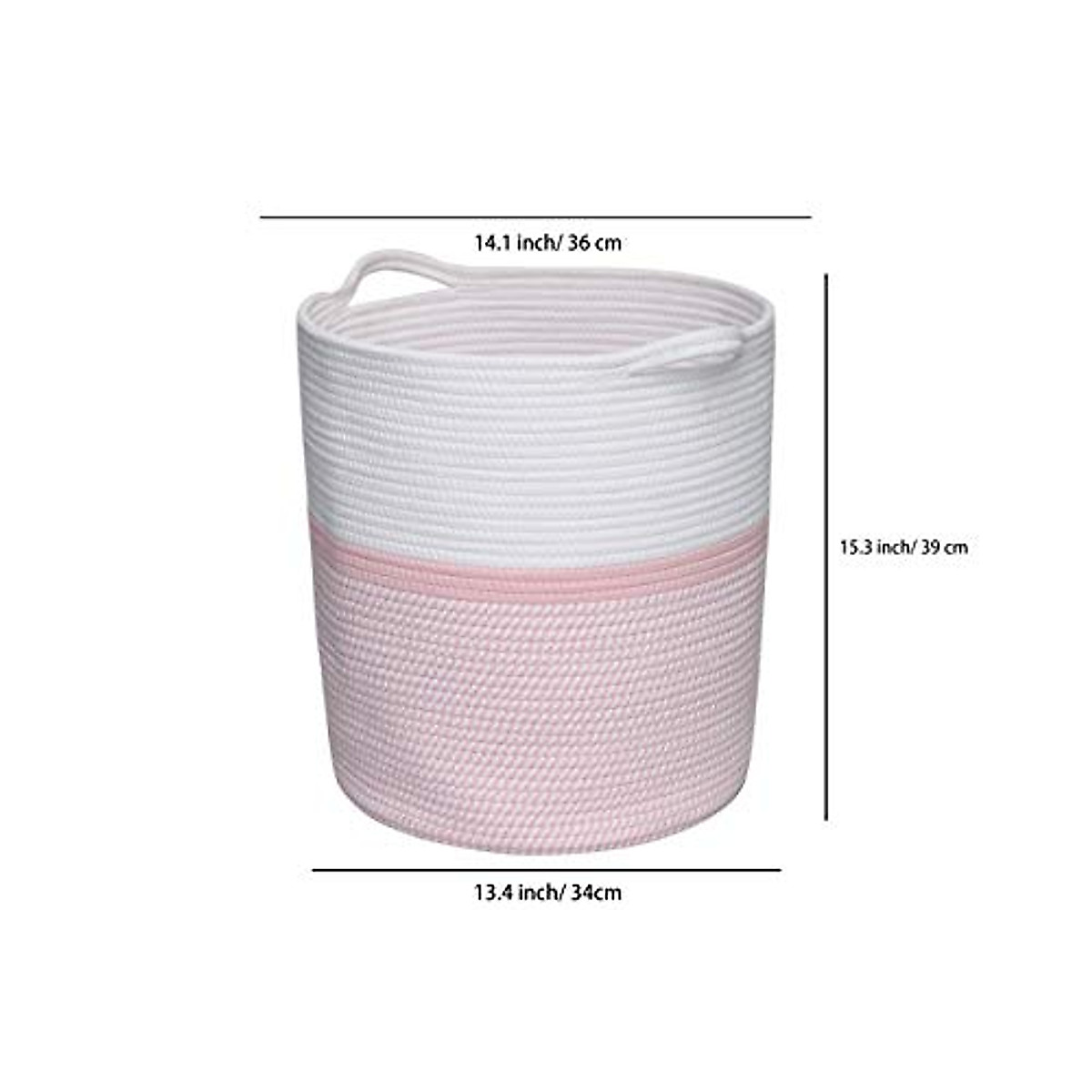 Pink Cotton Rope Laundry Basket with Handles Woven Portable Basket Cute Pink Nursery Blanket Storage Basket for Girl Clothes Hamper Home Decor Basket