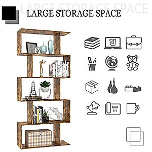 Yusong Bookshelf 5-Tier, Geometric Bookcase S Shaped Book Shelves for Bedroom, Modern Industrial Wood Decorative Display Shelf Book Case for Home Office, Rustic Brown