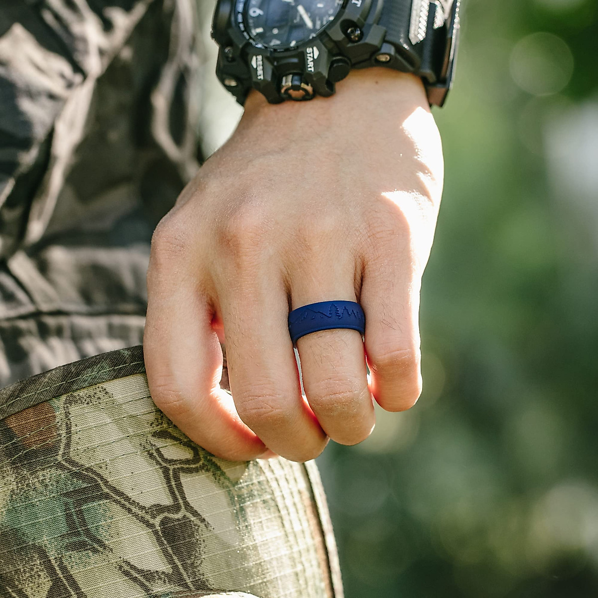 ThunderFit Silicone Wedding Rings for Men, Rubber Engagement Bands 9mm Wide 2mm Thick (Forest and Mountains - Grey A, Black, Dark Blue B, Olive Green - Size 10.5-11 (20.6mm))