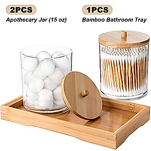 Qtip Holder Dispenser with Bamboo Vanity Tray, Acrylic Apothecary Jars Bathroom Canisters for Cotton Ball Pad Round Swab