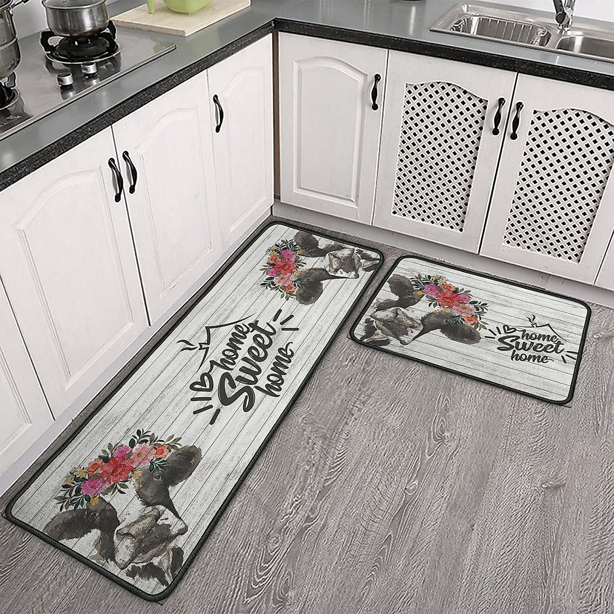 Farmhouse Cow Kitchen Rugs and Mats Set of 2 Pieces,Home Sweet Home Kitchen Mat Non Slip Absorbent Mats for Sink Waterproof Runner Rug for Laundry Room17 x48