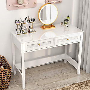 Vikiullf White Desk with Drawers - 39 in Small Modern Study Writing Table Makeup Vanity Desk for Small Spaces Home Office Desk with 2 Rattan Drawers