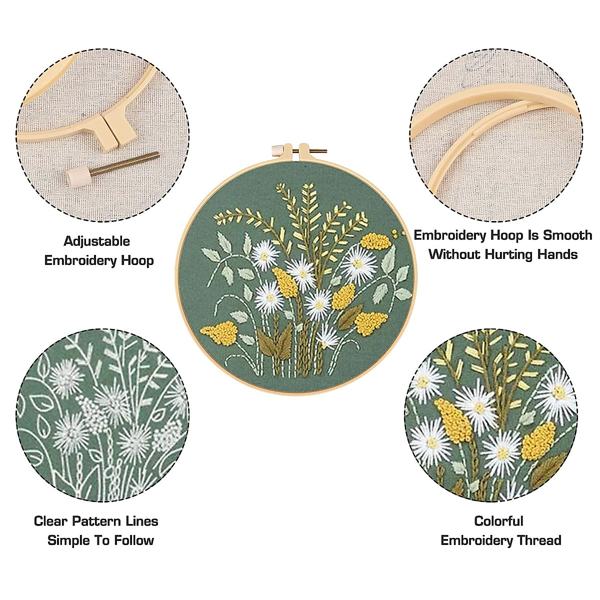 Nuberlic 3 Pack Embroidery Kits for Beginners Starters Cross Stitch Kits with Pattern for Adults Kids Craft Stamped Embroidery Cloth 3 Hoops Threads Needles