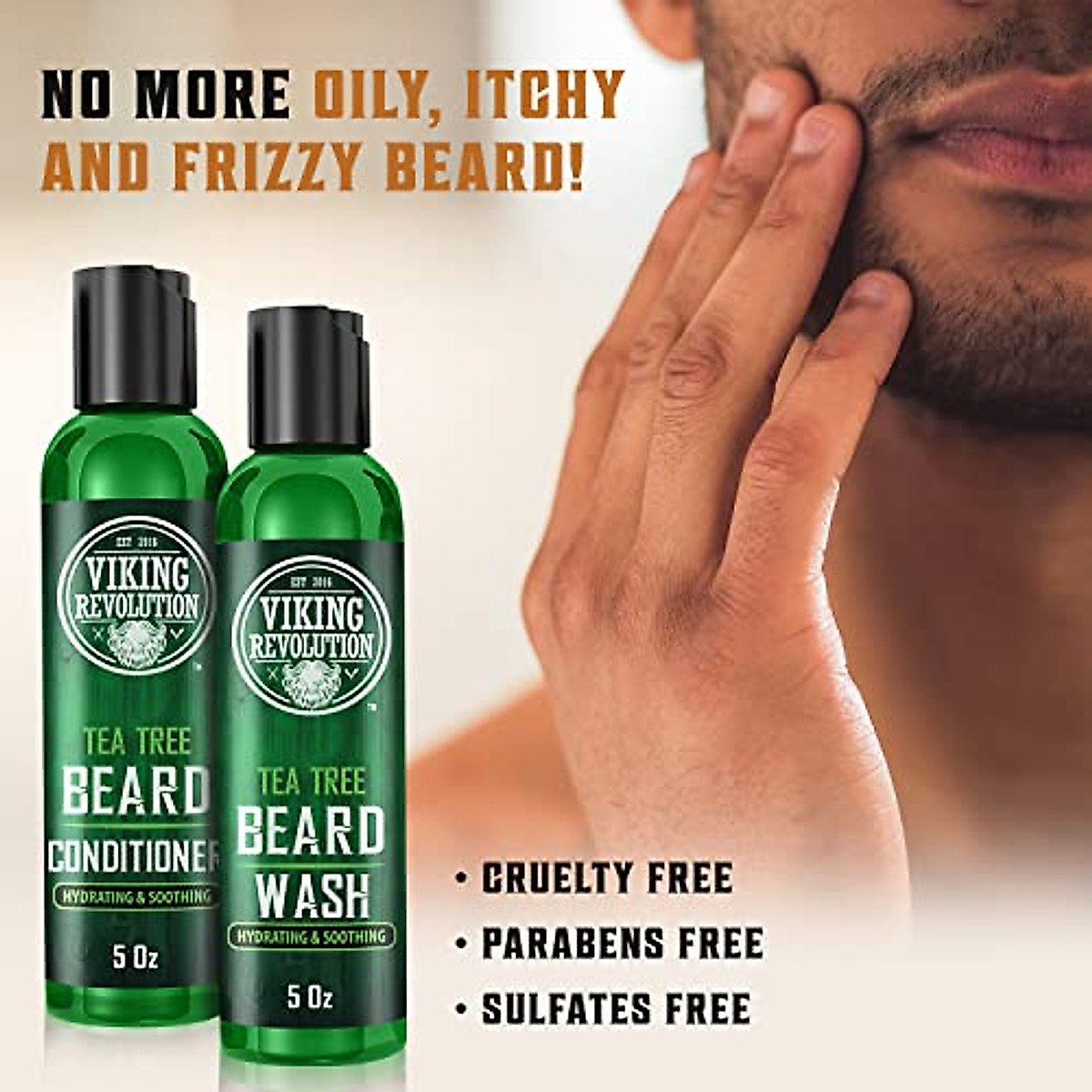 Viking Revolution Tea Tree Oil Beard Wash and Beard Conditioner For Men - Natural Beard Softener Set with Argan Oil, Vitamin E and Ginseng - Tea Tree Beard Shampoo and Conditioner Set (5 Oz)