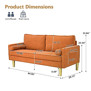 Aoowow Orange Loveseat Sofa Couch, 2 Seater Sofa Futon Lounge Sofa for Bedroom, Mid Century Modern Decor Office Love Seat Couches with Side Pockets and Round Pillows, Small Couches for Living Room