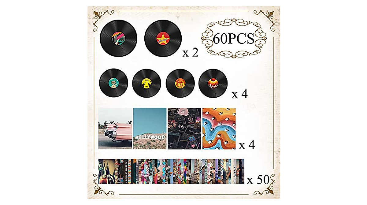 Retro Wall Collage Kit - 60 Vintage Prints for Dorm & Bedroom Decor