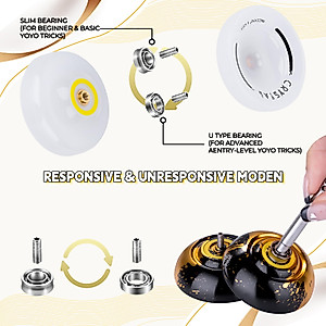 MAGICYOYO Pack of 2 Responsive Yoyos - N11 Black Golden Yoyo and K2 Snow White Fingerspin Yoyo for Kids Beginners, Dual Purpose Yoyos with Unresponsive Yoyo Bearings Kit, 2 Yoyo Bags, 12 Yoyo Strings