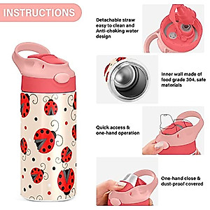 ALAZA Cute Ladybug Polka Dot on Pink Kids Water Bottles with Lids Straw Insulated Stainless Steel Water Bottles Double Walled Leakproof Tumbler Travel Cup for Girls Boys Toddlers 12 oz,Pink