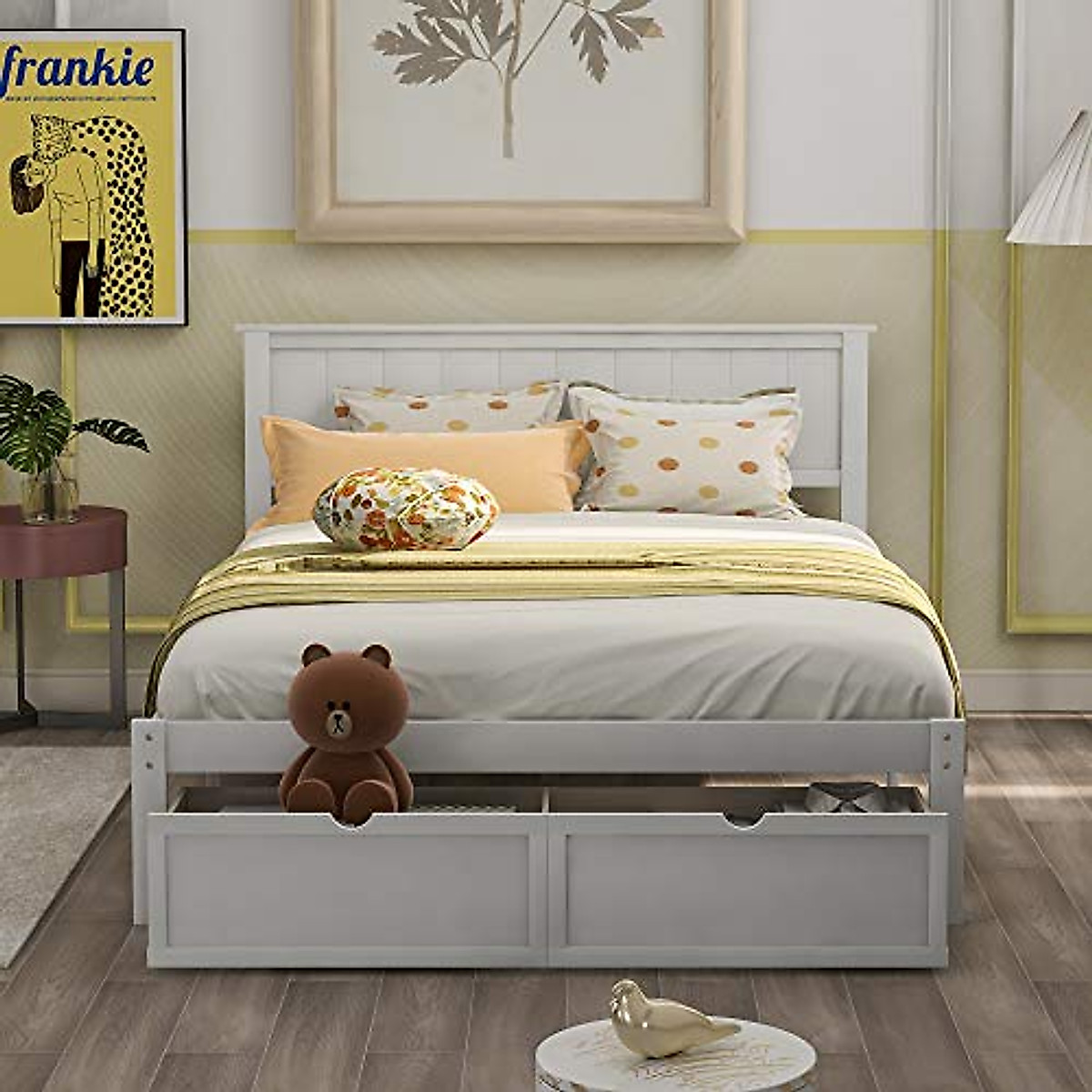 FIQHOME Twin Size Platform Bed with Under-Bed Drawer,Bed Frame with 1 Storage Drawers,Simple Style Wood Twin Bed Frame,No Box Spring Needed,White