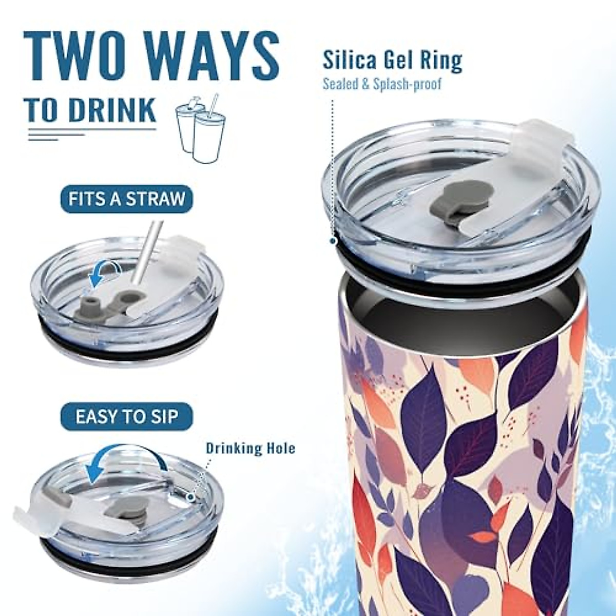 QWEUIOP 20oz Insulated Travel Coffee Mug Hand Drawn Leaves Stainless Steel Tumbler with Lid Double Wall Vacuum Coffee Cup For Hot and Cold Drinks14518