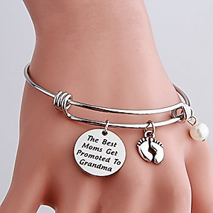 FEELMEM New Grandma Gift The Best Moms Get Promoted to Grandma Bangle Bracelet with Baby Footprint Charm (Silver)