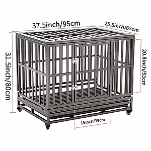 KELIXU 38” Heavy Duty Dog Crate Large Dog Cage Metal Dog Kennels and Crates for Large Dogs Indoor Outdoor with Locks, Lockable Wheels and Removable Tray, Easy to Install, Black