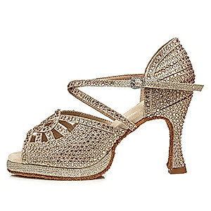 HROYL Women Rhinestone Ballroom Dance Shoes Latin Salsa Bachata Performance Dance Shoes L458 Champagne 8.5cm Heel,US 6.5