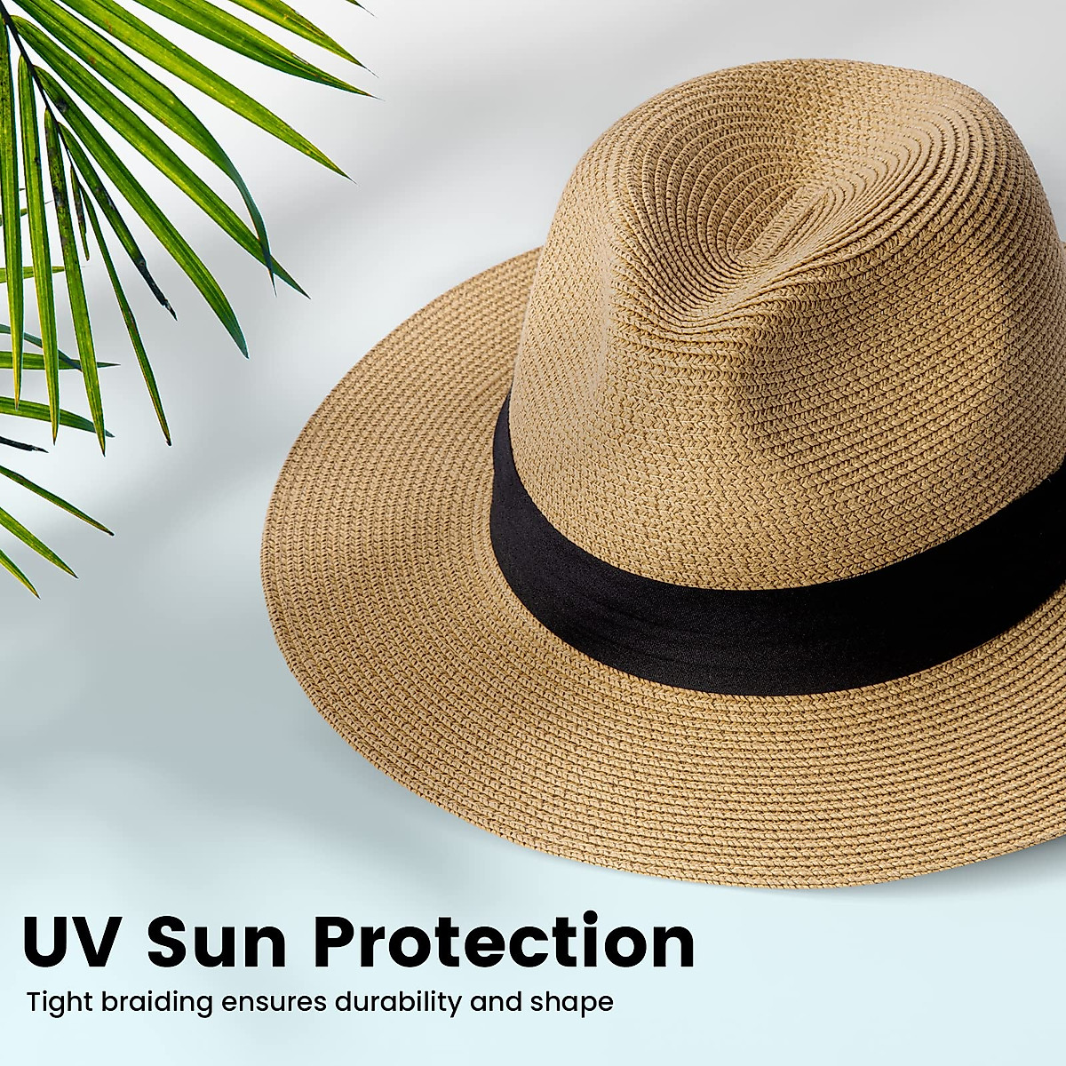 Simplicity Beach Hats for Women Fedora Hats Women Sun Hat Men Straw Hat with Chin Strap Cute Panama Sun Hat,Light Brown/Black Thread Belt