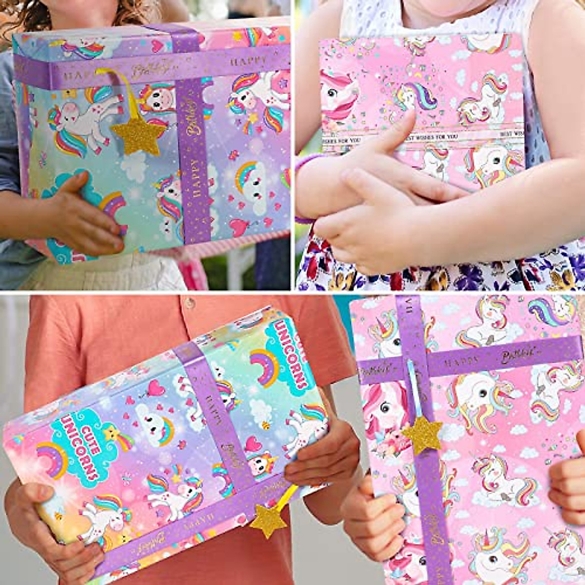 THMORT Unicorn Wrapping Paper For Girls kids, Barbie, Women. Birthday Wrapping Paper Includes 4 Princess Pink Designs Of Rainbow, Star, Diamond, Happy Lovely cute for Holidays Baby Shower Party, glitter shine 12 thick Sheets Folded Flat 20 × 29 Inches