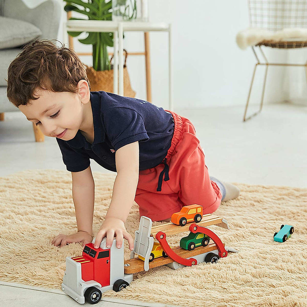 TOP BRIGHT Wooden Car Toys for 3 Year Old Boy Gifts Toddler Boys Truck and Car Ramp Toy with 4 Mini Cars