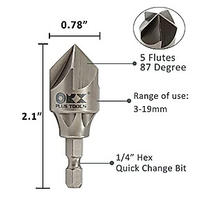 ORXPLUS Tools 5 Flute Metal Deburring Chamfer Drill Bit for Cleaning Pipe/Tube Burr, 87 Degree Quick Release Shank Fits for 1/8"-3/4"(3mm-19mm)