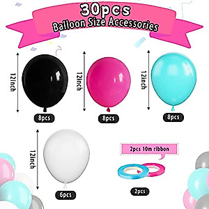 Paready Disco Music Party Balloons, 30 Pcs 12 Inch Hot Pink Black Blue and White Latex Balloons with Ribbons for 80s 90s Disco Music Party Hip Hop Theme Party Birthday DJ Short Video Party Decoration