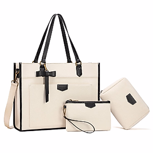 Keyli Laptop Tote Bag Canvas Bag for Women 15.6 inch Casual Work Shoulder Bags Large Capacity Professional Business Office Computer Bag Briefcase Handbag Purses for Travel, Office, School White