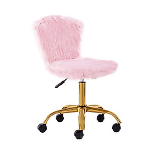 LEEJAY Luxury Kids Desk Chair for Granddaughter, Furry Pink Fancy Girl Chair, Cute Vanity Chair with Fluffy Faux Fur, Armless Fuzzy Desk Chair with Golden Base, Gifts from Grandpa Grandma