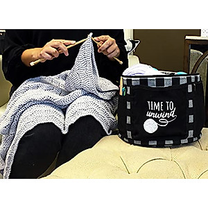 Steel Mill & Co Yarn Tote, Stylish Knitting Bag, Large Capacity Organizer for Knitting & Crochet Supplies, Craft Tote with Yarn Divider and Pockets for Hooks & Needles, Black Gingham