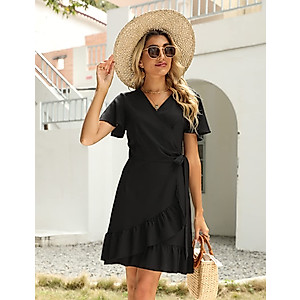 Naggoo Womens Wrap Dress V Neck Trendy Polka Dot Ruffle Short Sleeve Evening Mini Dress (Large, Solid Black)