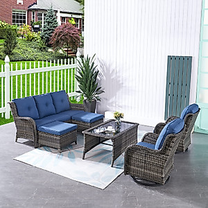 HUMMUH Patio Furniture 6 Pieces Outdoor Furniture Set Wicker Outdoor Sectional Sofa with Swivel Rocking Chairs,Patio Ottomans,Patio Coffee Table