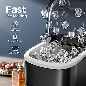 Electactic Ice Makers Countertop,26Lbs/24H,9 Cubes in 6 Mins,Portable Ice Maker Machine with Self-Cleaning,2 Sizes of Bullet Ice,Perfect for Home Kitchen(Black)