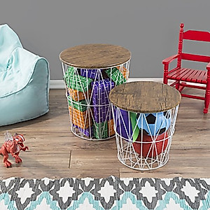 Lavish Home End Storage – Nesting Wire Basket Base and Wood Tops – Industrial Farmhouse Style Side Table Set of 2, White