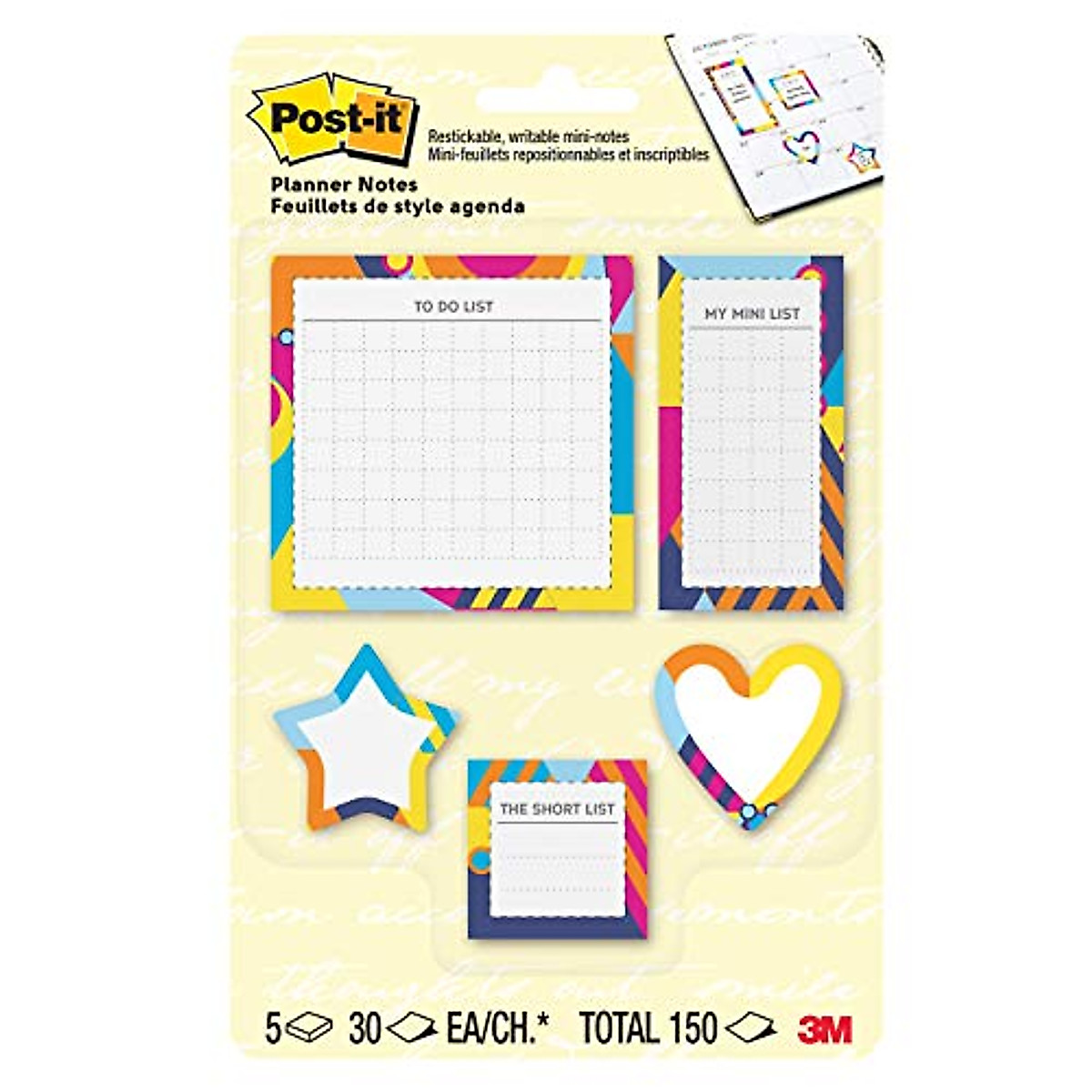 Post-it Notes Planner Sticky Notes, to Do List, Mini List, Short List and Shapes, 5 Pads, 30 Sheets/Pad, Optimistic Brights