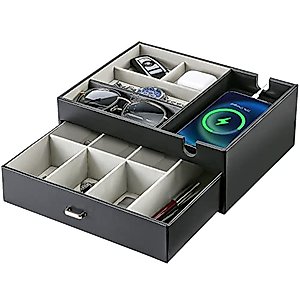 ProCase Double Layer Valet Tray for Dad, Nightstand Organizer EDC Dump Catchall Trays with Phone Charging Station, Dresser Top Table Beside Entryway Storage Box- Black